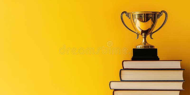 Golden Trophy on Stack of Books Against Yellow Background Stock Image ...