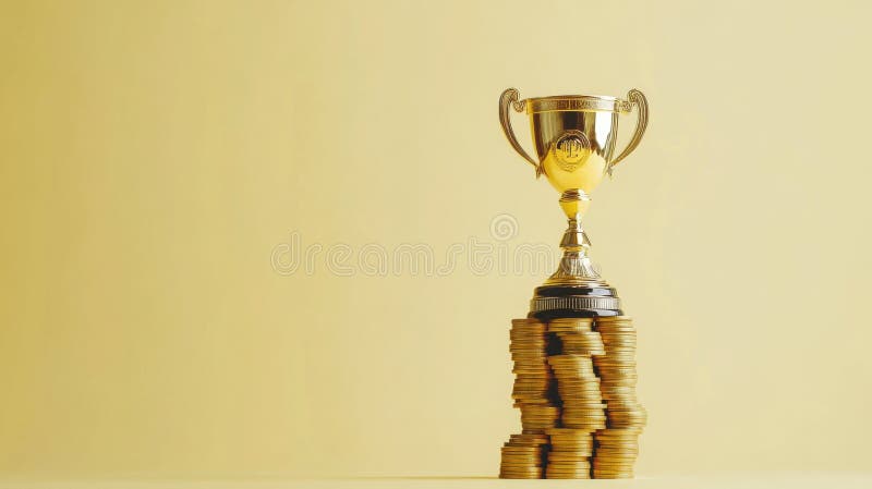 Golden Trophy on Stacked Coins Symbolizing Wealth and Achievement Stock ...
