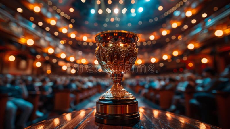 Golden Trophy on Stage with Audience in Background - Generative AI ...