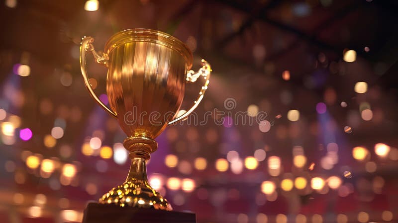 A Golden Trophy on a Stage with Blurry Lights Stock Illustration ...