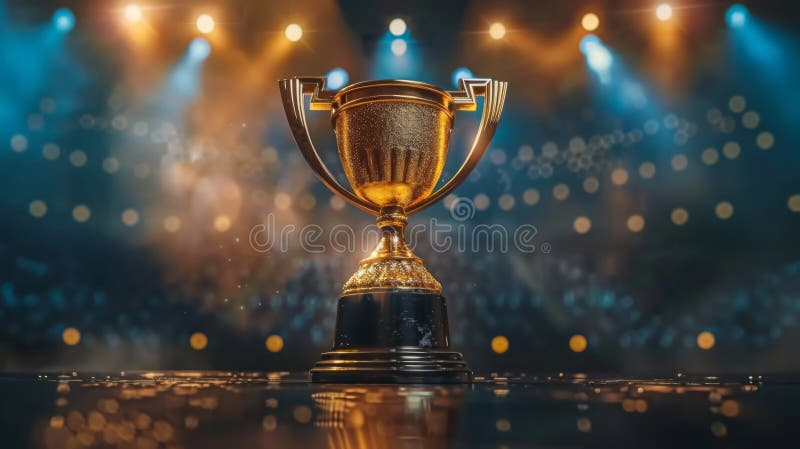 Golden Trophy on Stage with Lights and Bokeh Stock Illustration ...