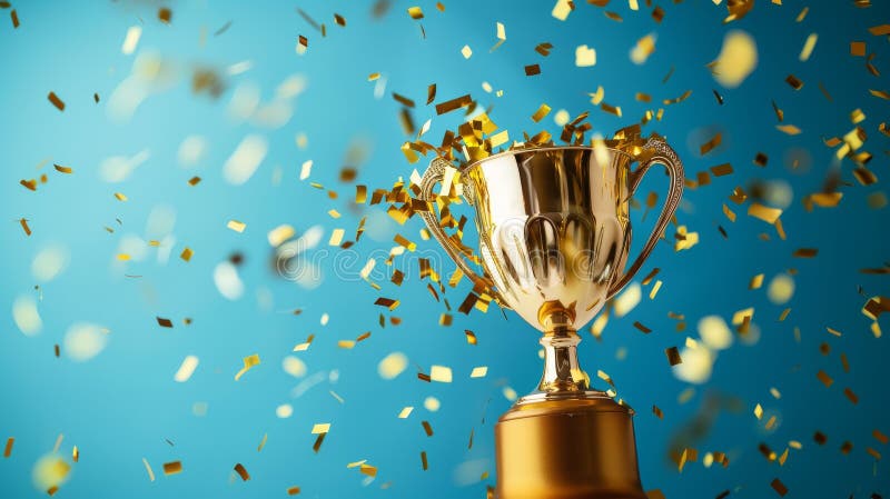 Golden Trophy and Streamers in Sport Competition with Blue Background ...