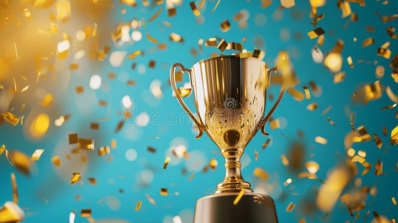 Golden Trophy and Streamers in Sport Competition with Blue Background ...