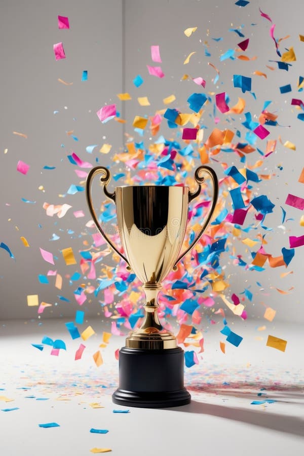 A Golden Trophy Surrounded by Colorful Confetti. Stock Image - Image of ...