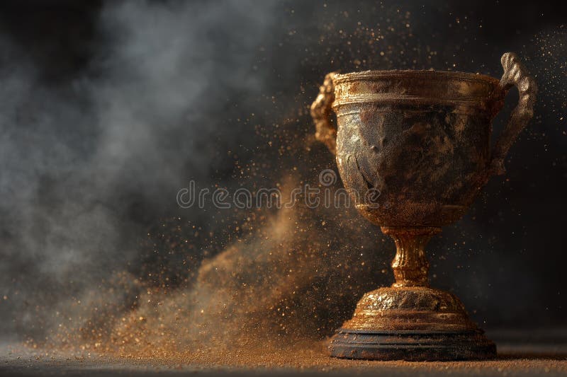 Golden Trophy Surrounded by Dust and Smoke in a Dramatic Lighting ...