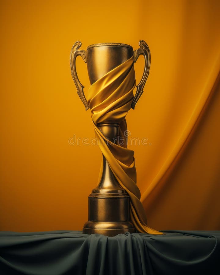 A Golden Trophy on a Table with a Cloth Draped Over it Stock ...