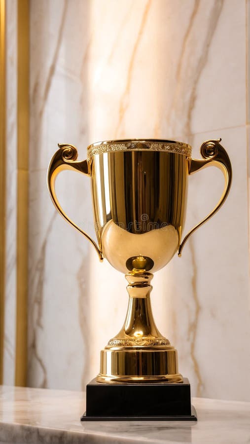 A Golden Trophy with Two Handles Sits on a Marble Surface, Reflecting ...