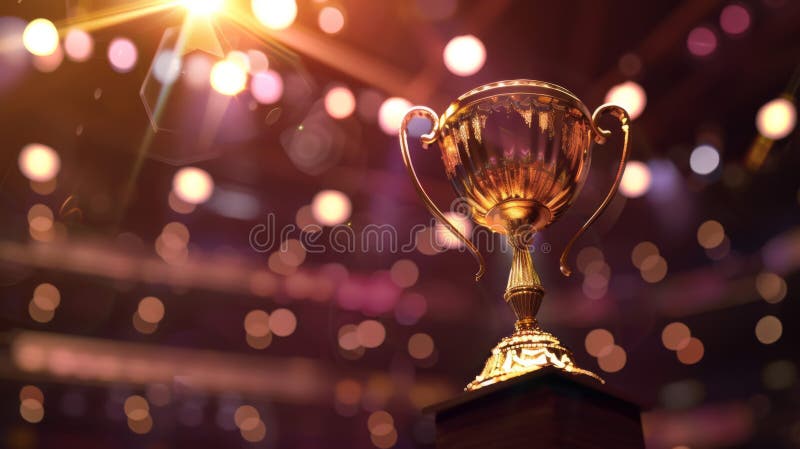 Golden Trophy Under Spotlight with Bokeh Background Stock Illustration ...