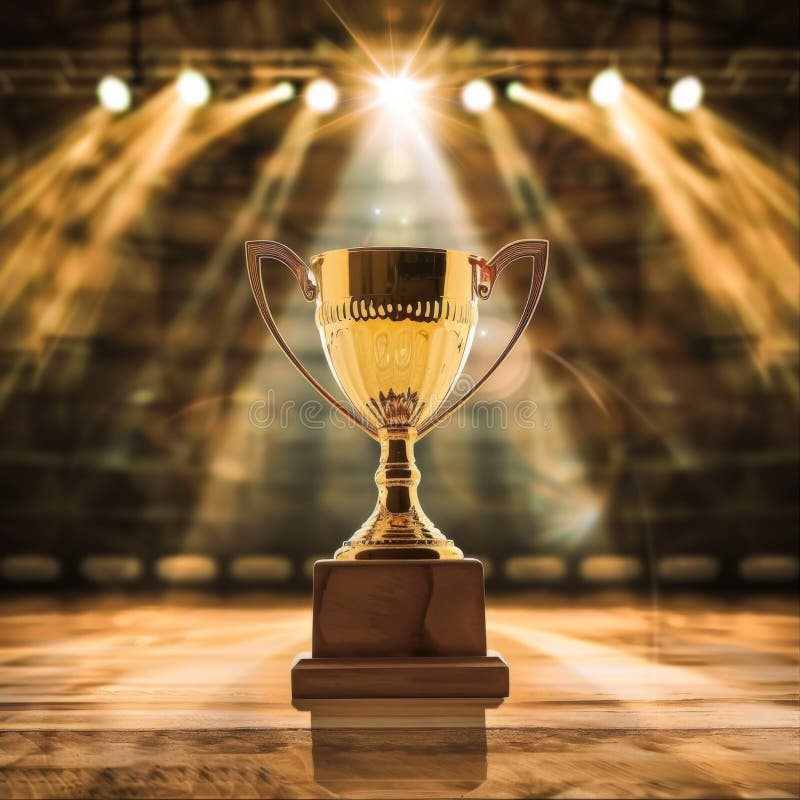 Golden Trophy Under Stage Lights on a Wooden Platform Stock ...