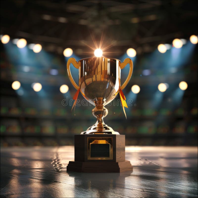 Golden Trophy on a Wooden Base with Spotlight and Blurred Stadium ...