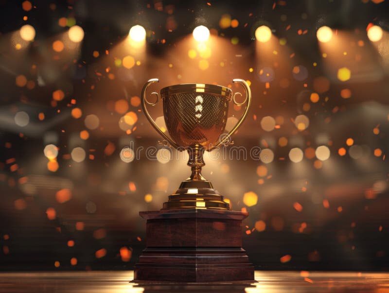 Golden Trophy on a Wooden Base with a Stage Spotlight Background Stock ...
