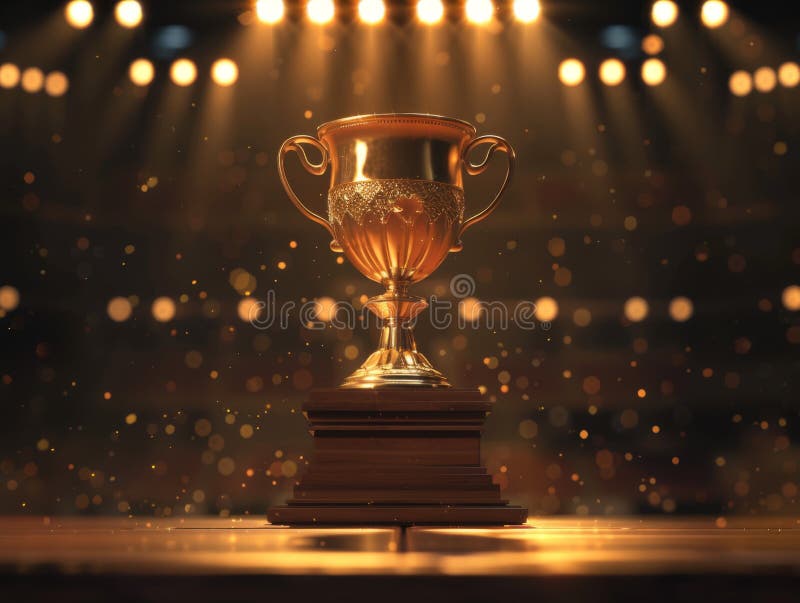 Golden Trophy on a Wooden Base Under Spotlight Stock Photo - Image of ...