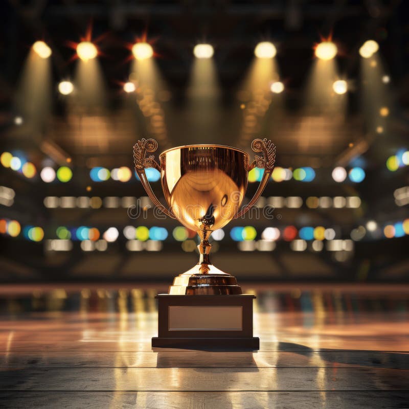 Golden Trophy on Wooden Platform with Blurred Lights in the Background ...