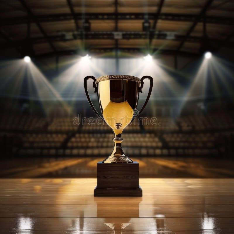 Golden Trophy on a Wooden Platform in a Lit Arena Stock Illustration ...