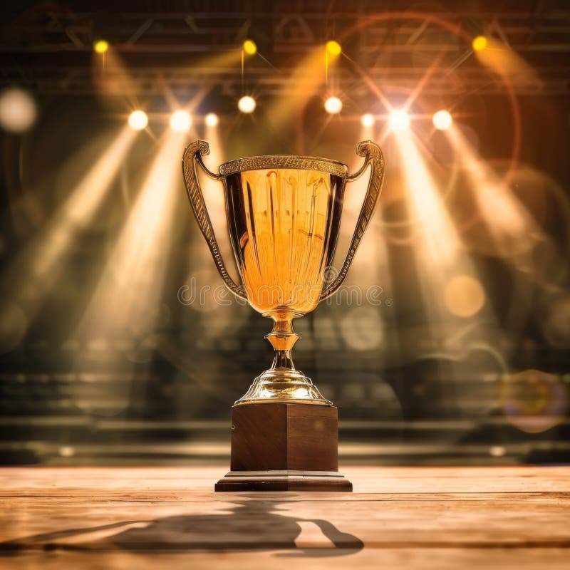 Golden Trophy on Wooden Platform with Stage Lights Stock Illustration - Illustration of ...