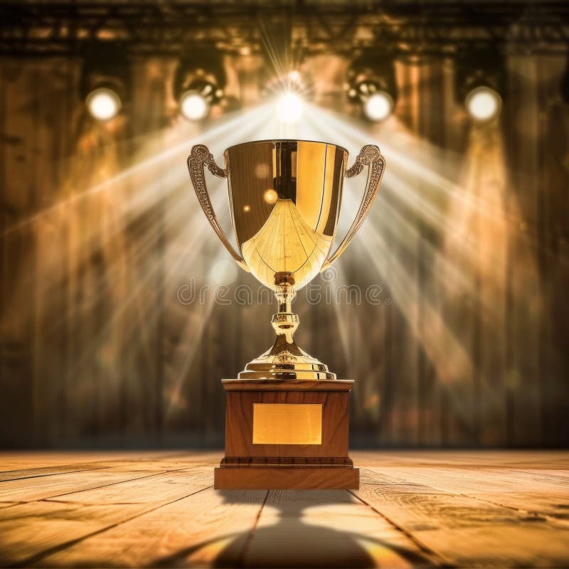 Golden Trophy on a Wooden Platform Under Stage Lights Stock ...