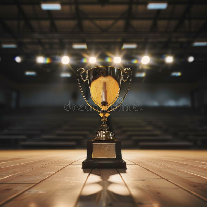 Golden Trophy on a Wooden Stage with Lights in the Background Stock ...