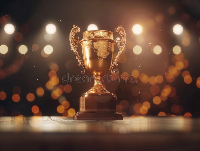 A Golden Trophy on a Wooden Table with a Blurred Lights Background ...