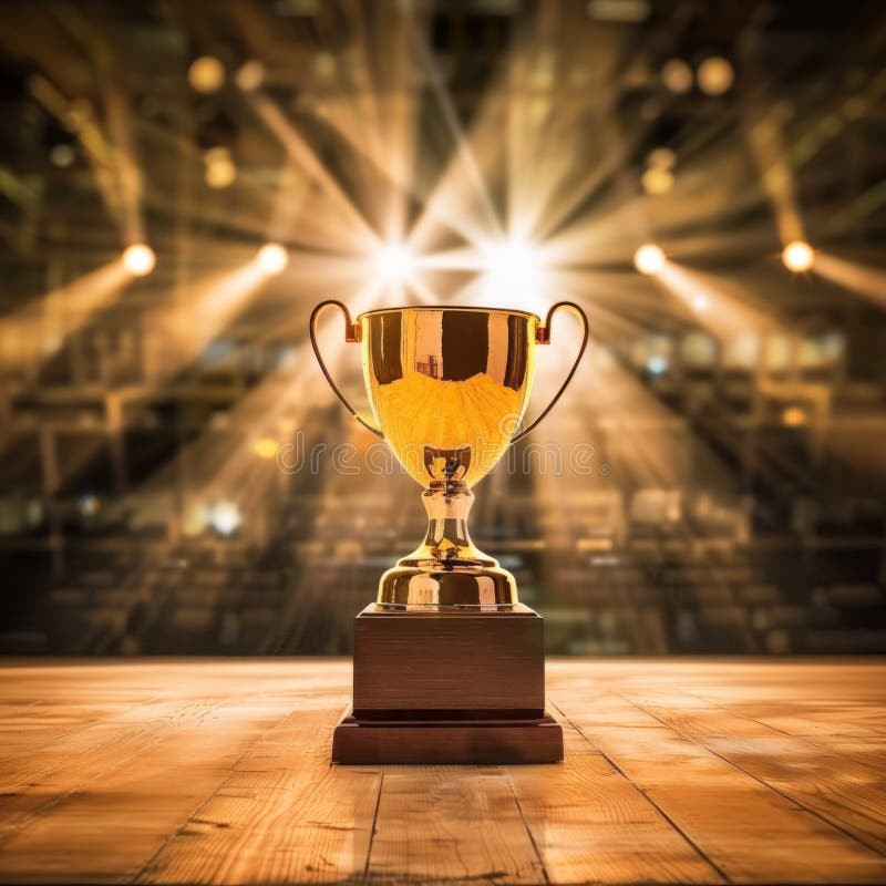 Golden Trophy on Wooden Table with Stage Lights Stock Illustration ...