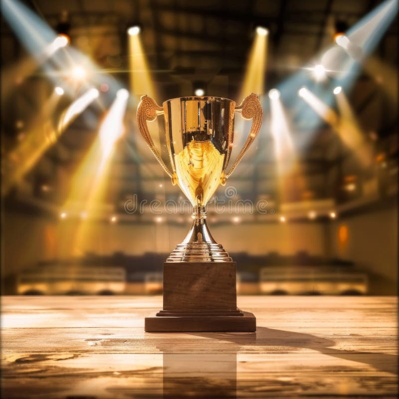 A Golden Trophy on a Wooden Table Under Stage Lights Stock Illustration ...