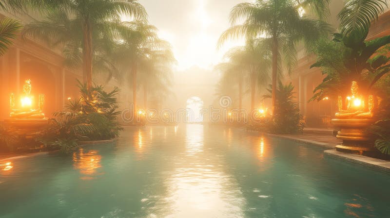 Golden Tropical Oasis Spa Pathway Bathed in Sunlight Stock Image ...