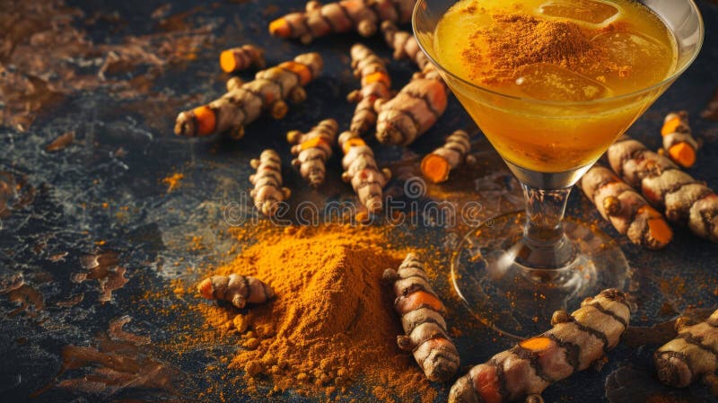 Golden Turmeric Infusion with Raw Roots and Powder Stock Image - Image ...