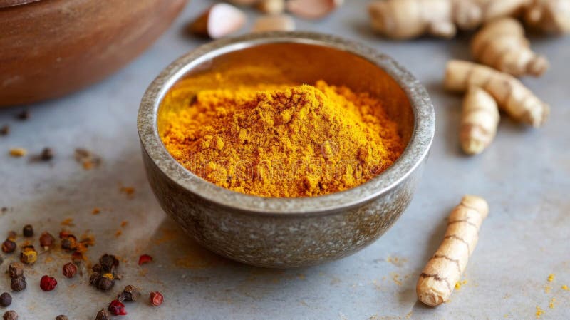 Golden Turmeric Powder in Bowl with Ginger Root Stock Illustration ...