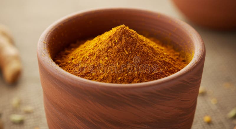 Golden Turmeric Powder in a Brown Clay Bowl Stock Illustration ...