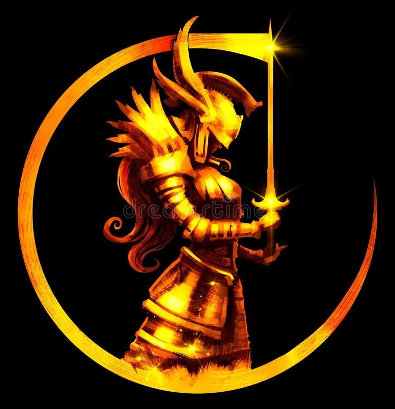 Golden Valkyrie in a Helmet Prays with a Sword in Her Hands. Stock ...