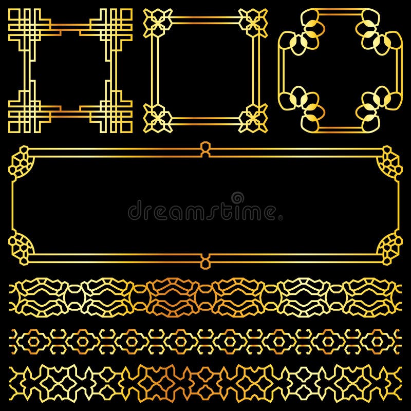 Golden Vector Asian Retro Frames and Borders Set Stock Vector ...