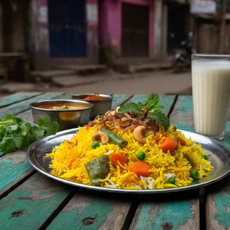 Golden Vegetable Biryani with Lassi in a Rustic Indian Cafe Stock ...