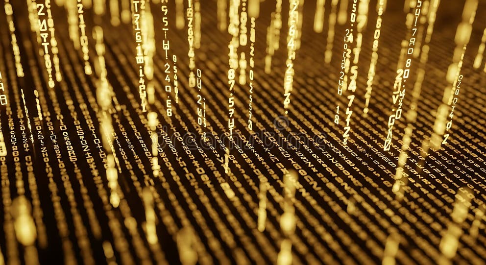 Golden Vertical Streams of Binary Code and Numbers Cascade in a Digital Stock Illustration ...