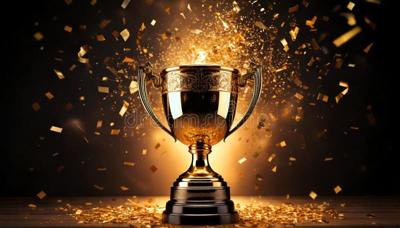 Golden Victory Trophy with Sparkling Confetti Celebration Stock ...