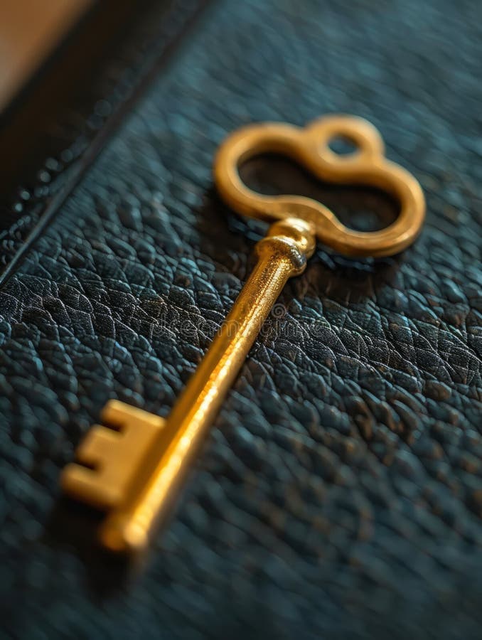 A Golden Vintage Key Lying on a Textured Black Surface. Stock Photo ...
