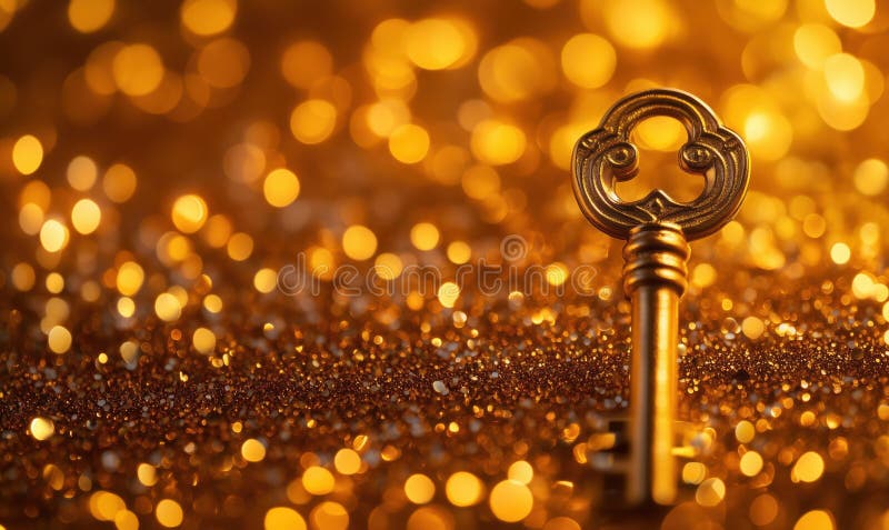 Golden Vintage Key on Sparkling Glitter Background with Bokeh Effect ...
