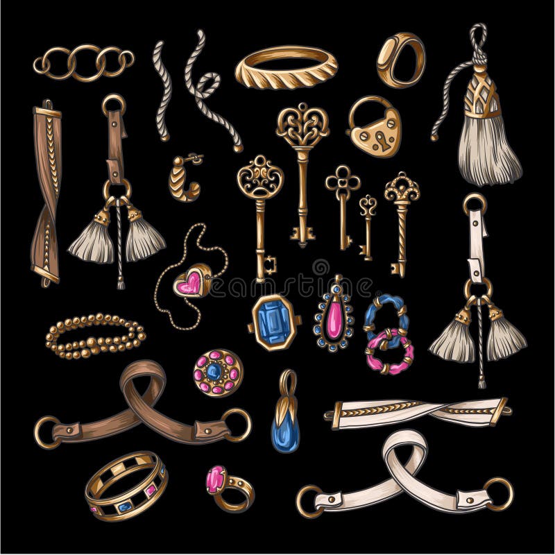 Golden Vintage Keys and Jewelry Isolated. Vector. Stock Vector ...