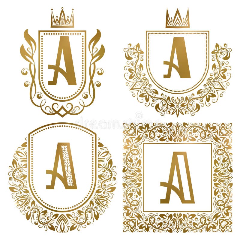 Vintage Monograms Set Of R Letter. Golden Heraldic Logos In Wreaths ...