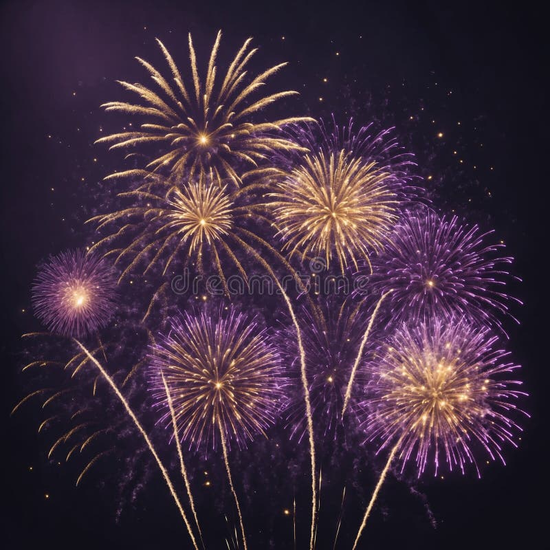 Golden and Violet Fireworks Explode in the Night Sky Stock Illustration ...