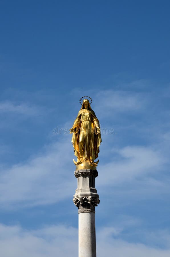 Golden Virgin Mary Statue By Zagreb Cathedral Of Assumption Croation