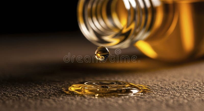 Golden Viscous Liquid Drop Falling from a Bottle Creating Ripples on a ...
