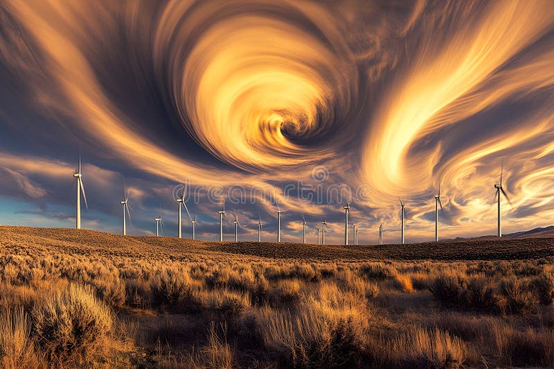 Golden Vortex Clouds Over Wind Farm Stock Illustration - Illustration ...