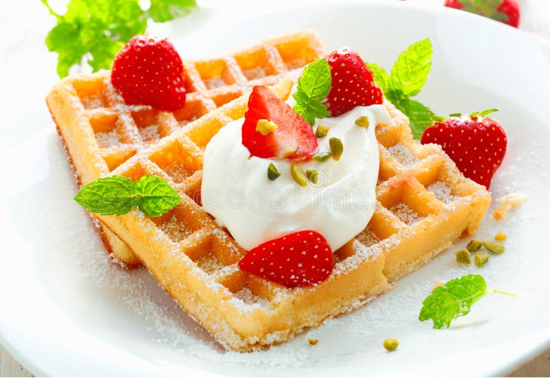 Golden Waffle with Strawberries and Cream Stock Image - Image of ...