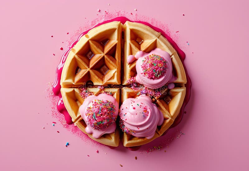 Golden Waffle Texture with Pink Icing and Sprinkles Stock Illustration ...