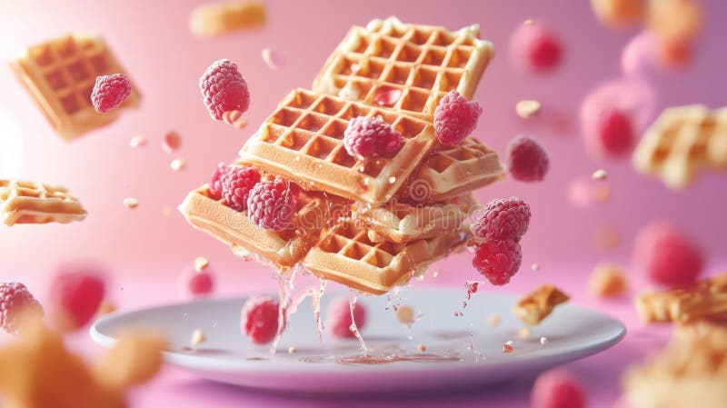 Golden Waffles and Raspberries in Levitation Stock Illustration ...