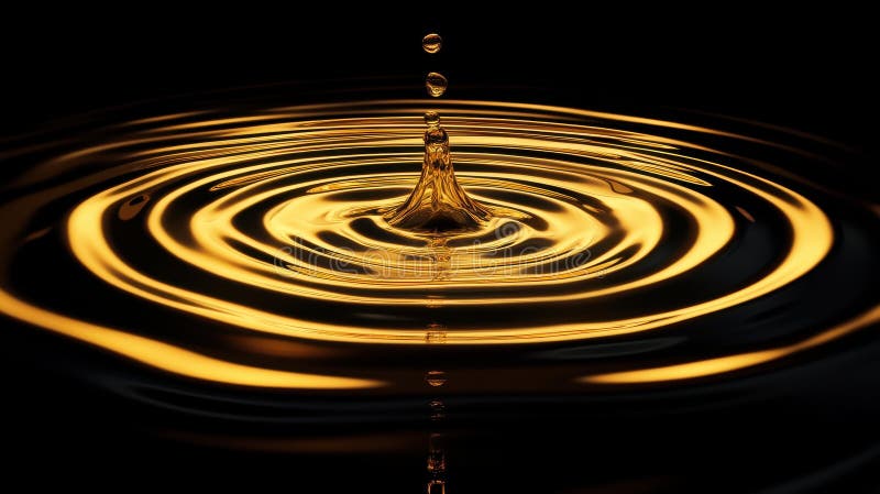 Golden Water Drop Creating Ripples in Dark Liquid Surface Reflections ...