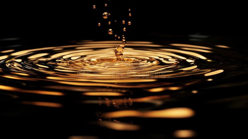 Golden Water Droplets Creating Ripples on a Dark Surface, Abstract ...