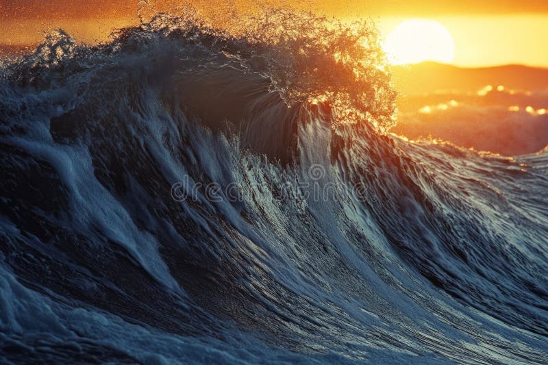 Golden Wave Captured at Sunset with Dynamic Lighting. AI Image Stock ...