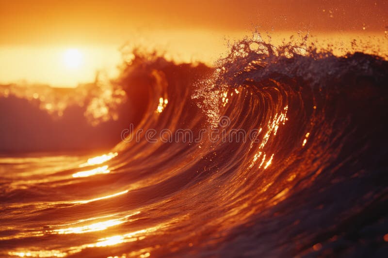 Golden Wave Captured at Sunset with Dynamic Lighting. AI Image Stock ...