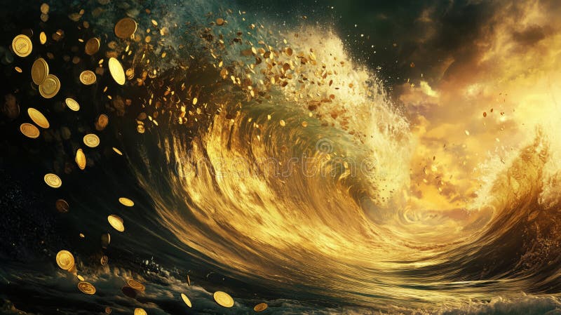 Golden Wave with Coins, Dramatic Ocean Scene, Sunset Glow Stock Photo ...