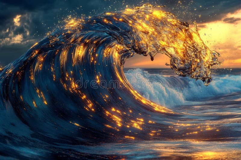 Golden Wave Painting, Dramatic Ocean Sunset Stock Illustration ...